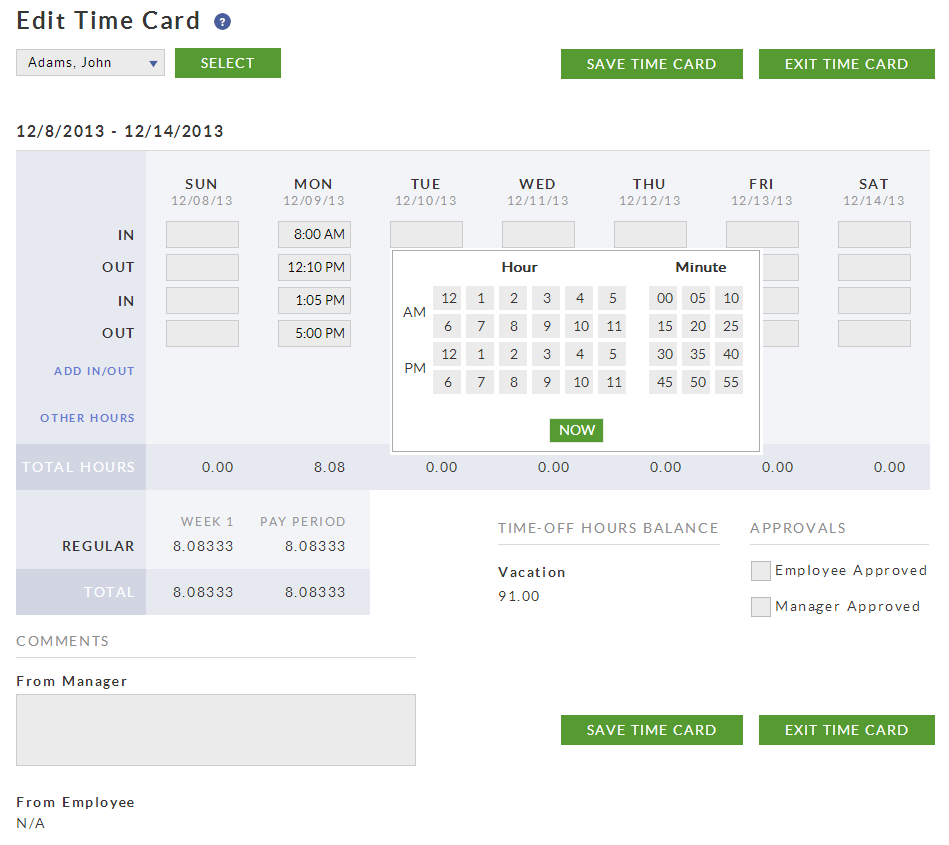 Editing Time Cards for Hourly Employees